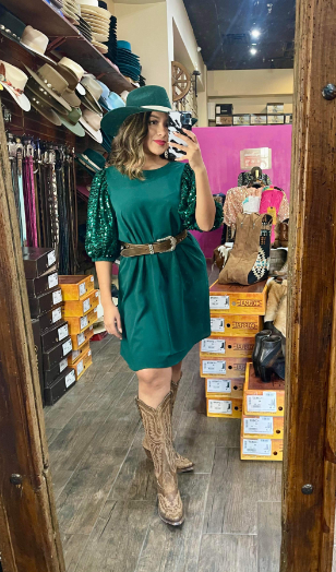 VINE&LOVE Round Neck Ballon Sleeve Hunter Green Dress – Corral Western Wear